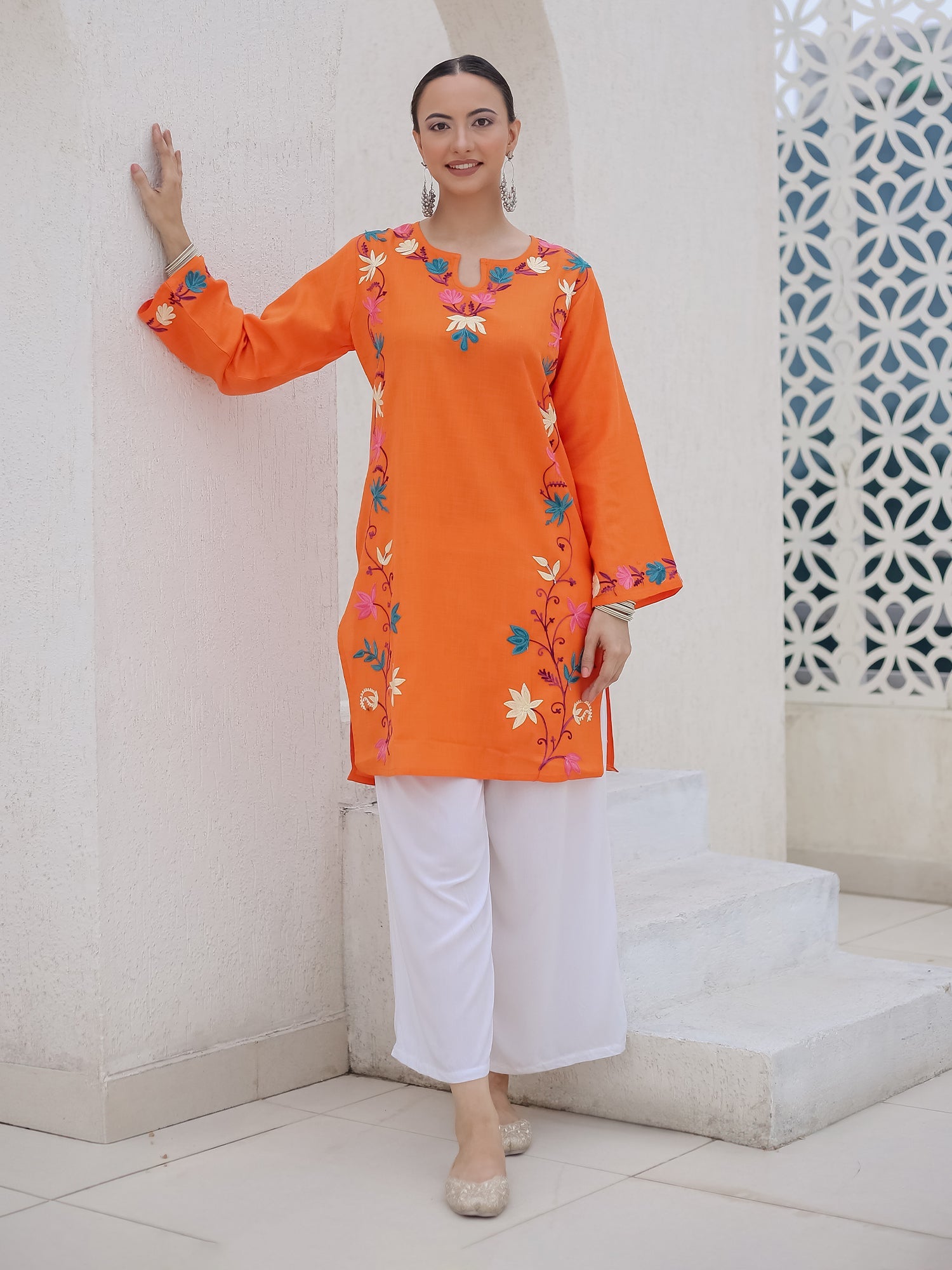 House Of Kari(Chikankari Clothing) - Falak Kashmiri Long Kurta - Orange