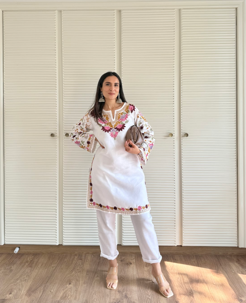 House Of Kari(Chikankari Clothing) - Urmi in Falak Kashmiri Kurta Set - White