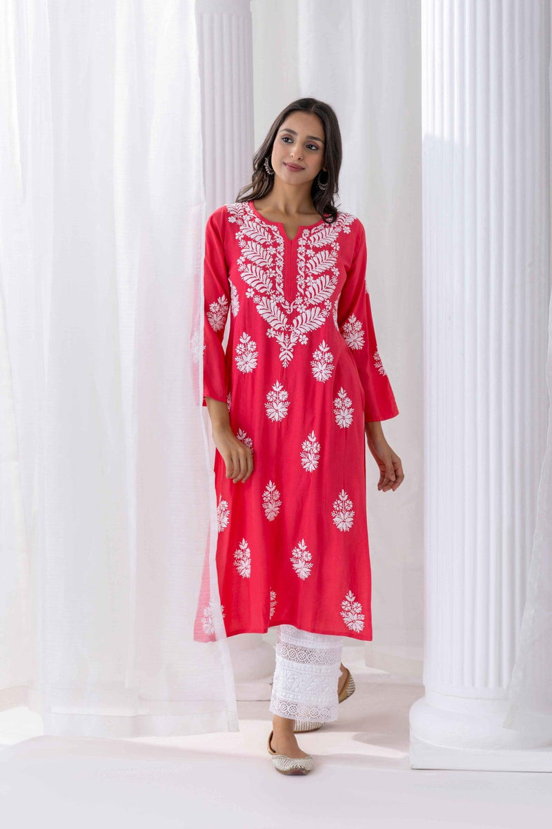 Red Chikankari Kurta For Women - House Of Kari (Chikankari Clothing)