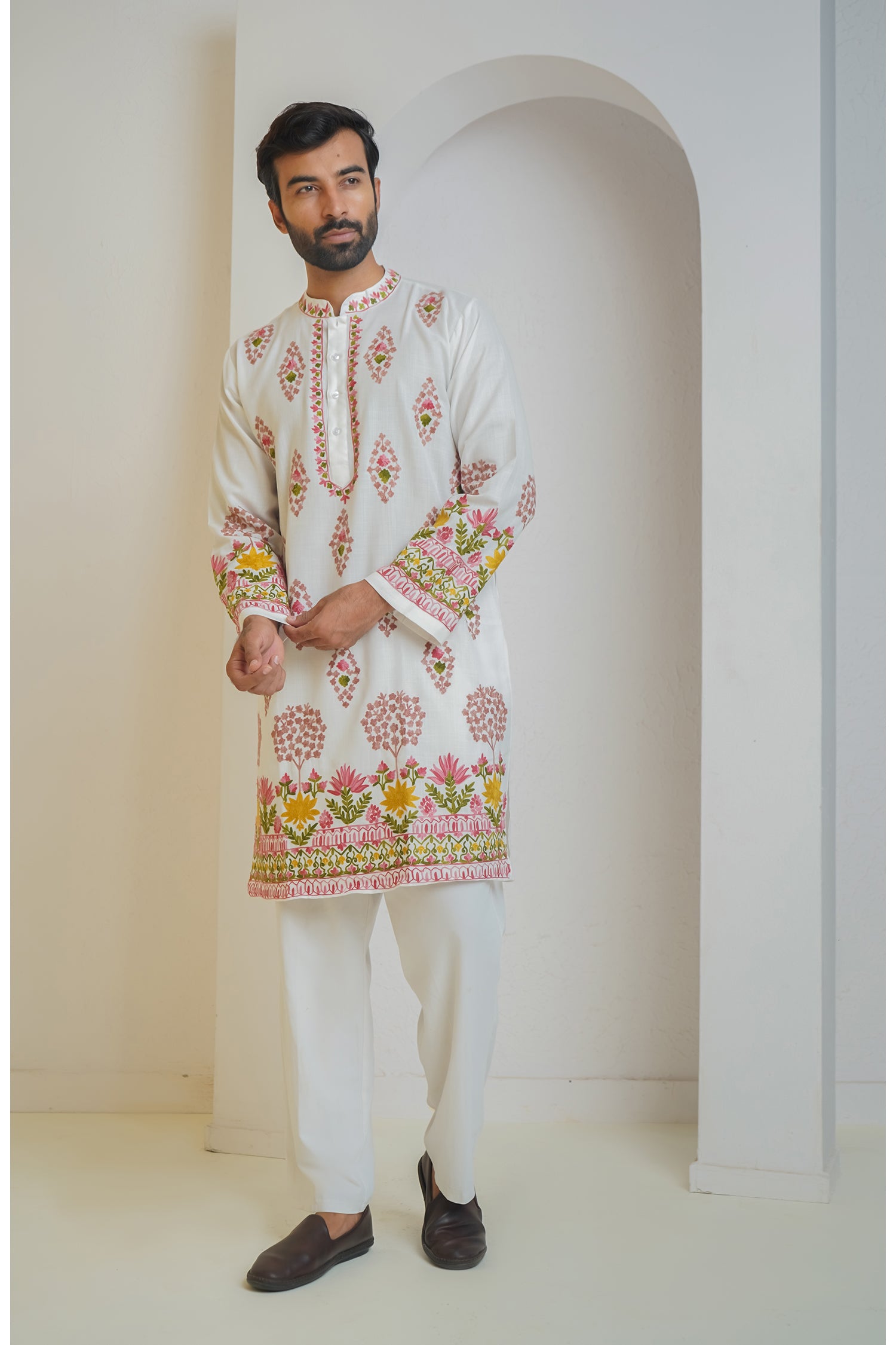 House Of Kari(Chikankari Clothing) - Cotton Arri Work Kurta for Men – White