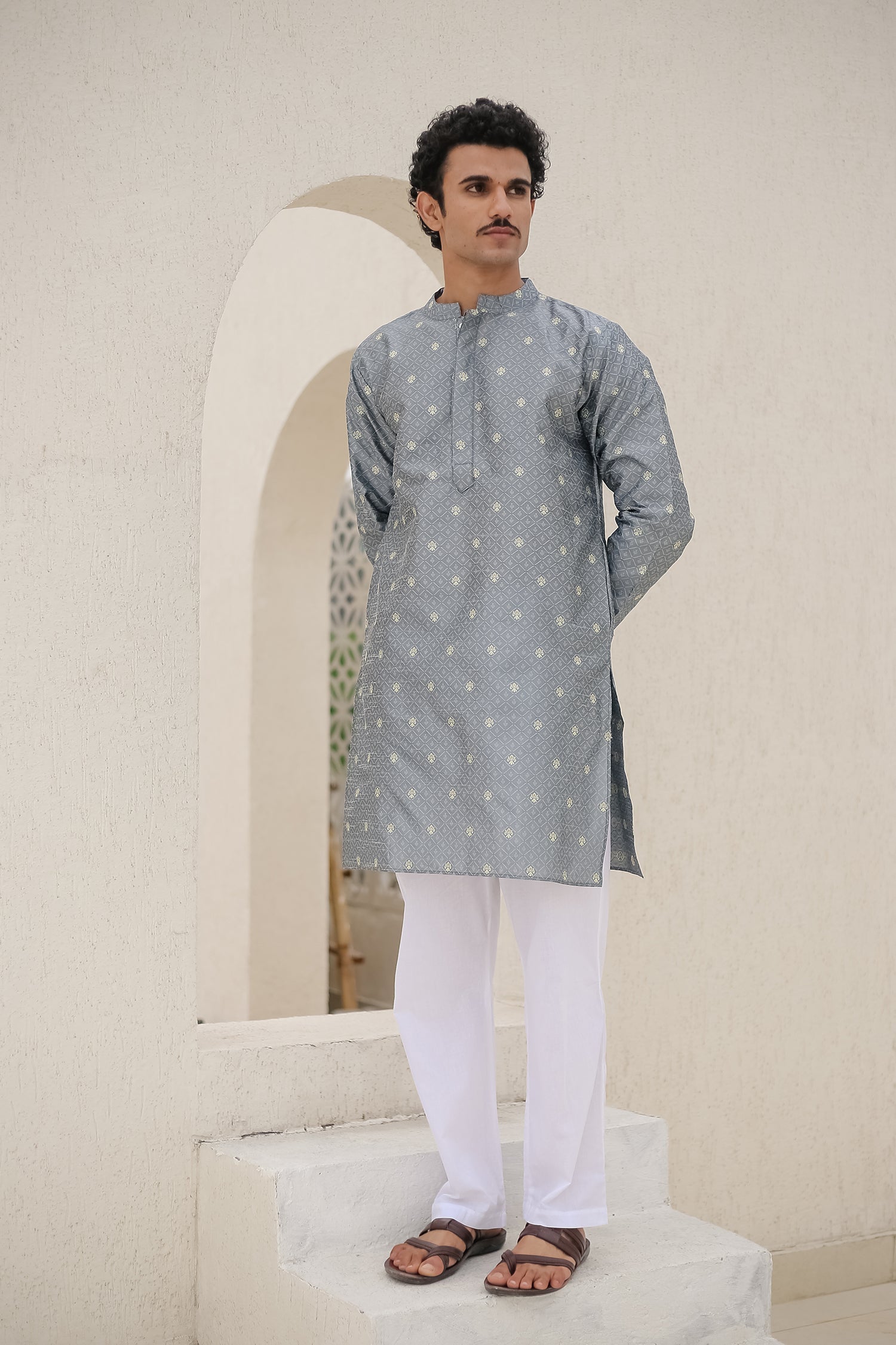 House Of Kari(Chikankari Clothing) - Men's Kurta In Jacquard Self Grey