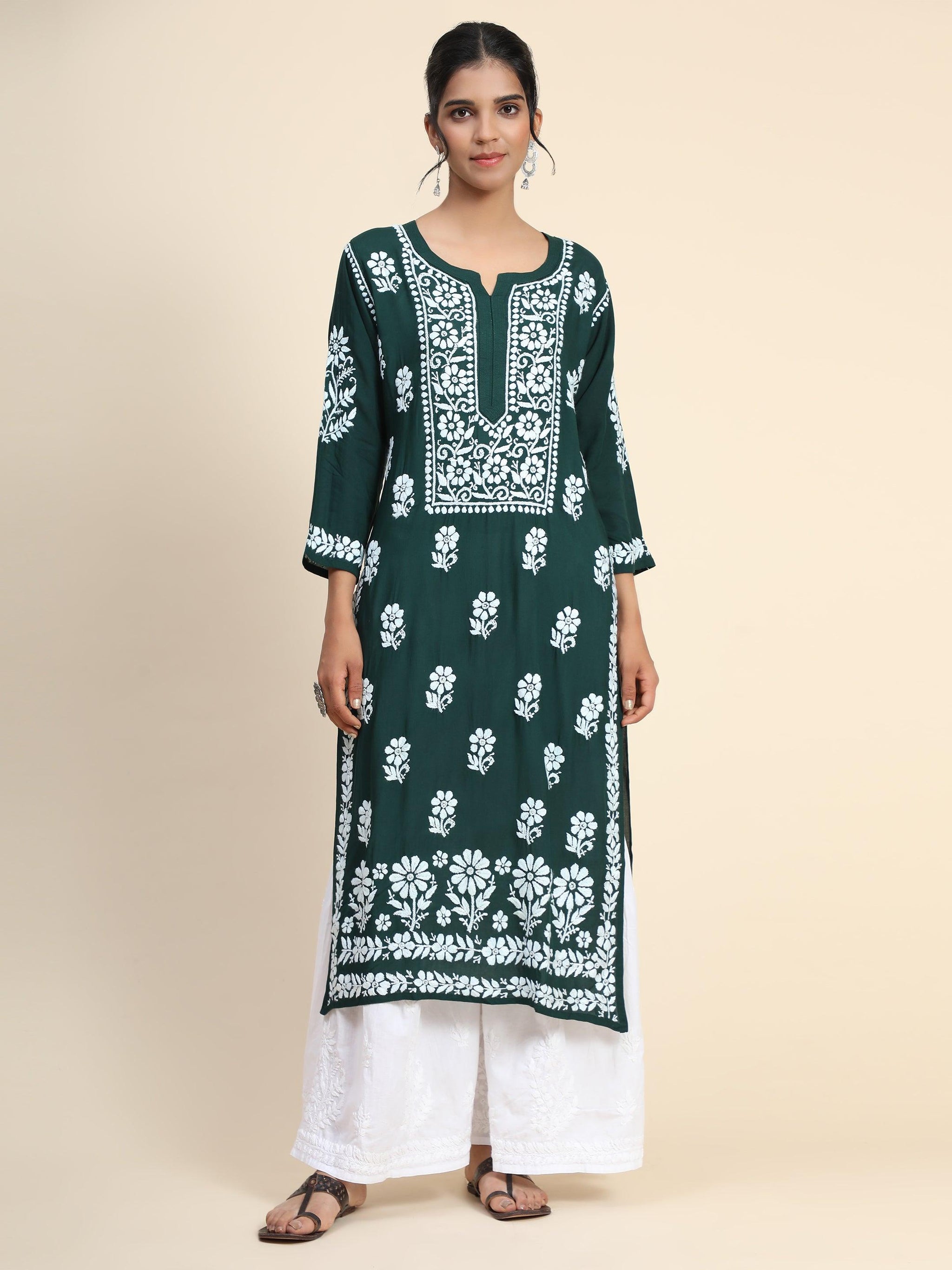 Premium Hand Embroidery Chikankari Kurta Modal Cotton- Green - House Of ...