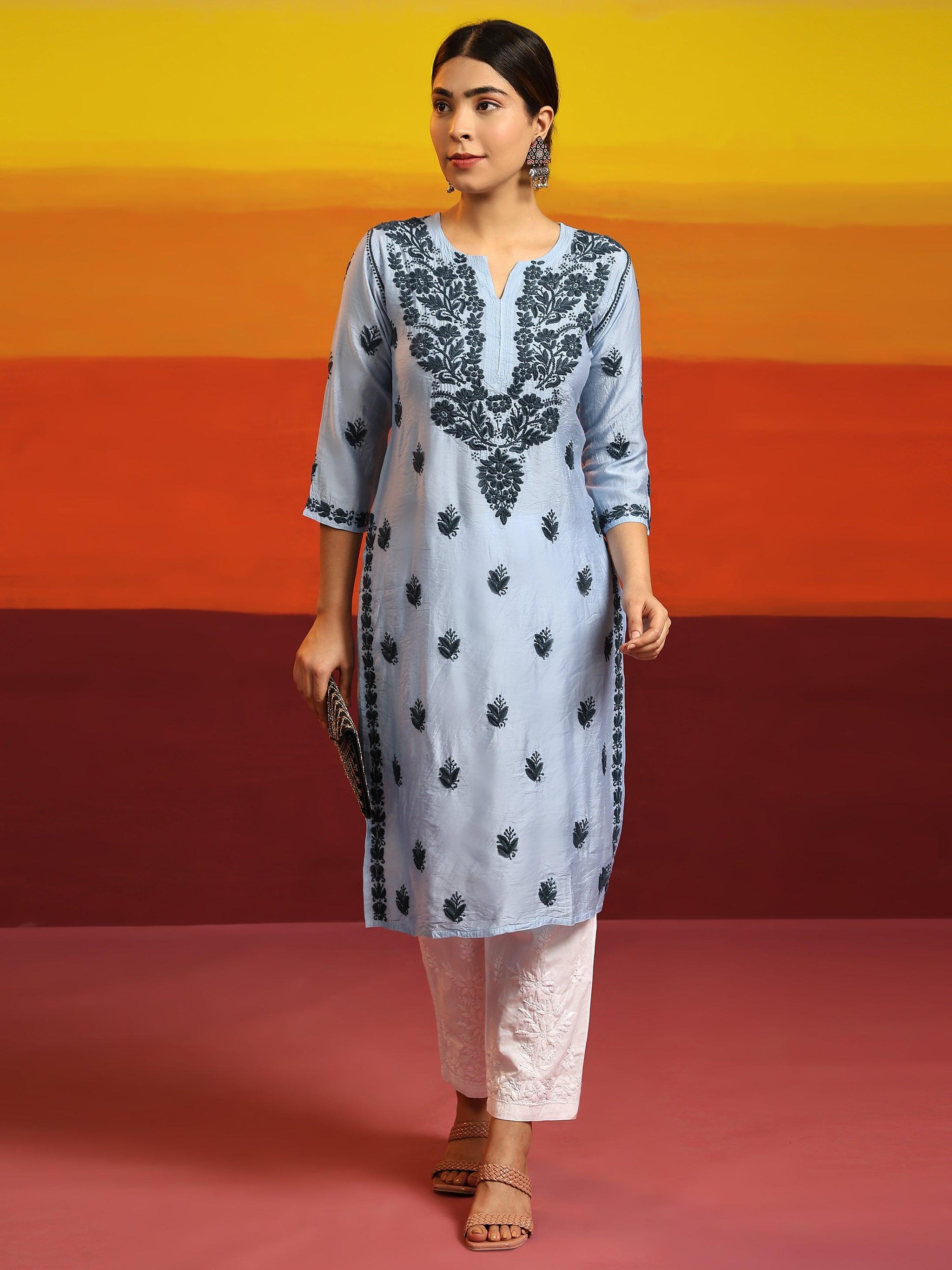 House Of Kari(Chikankari Clothing) - Samma Chikankari Long Kurta in ...